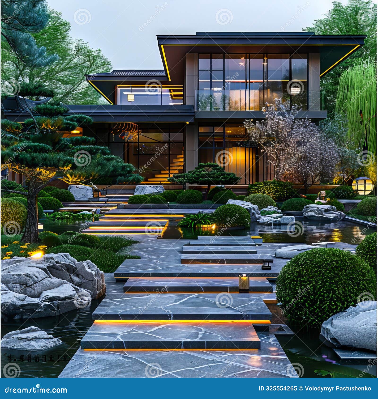 A Modern House with a Water Feature and Stone Steps Stock Image - Image ...