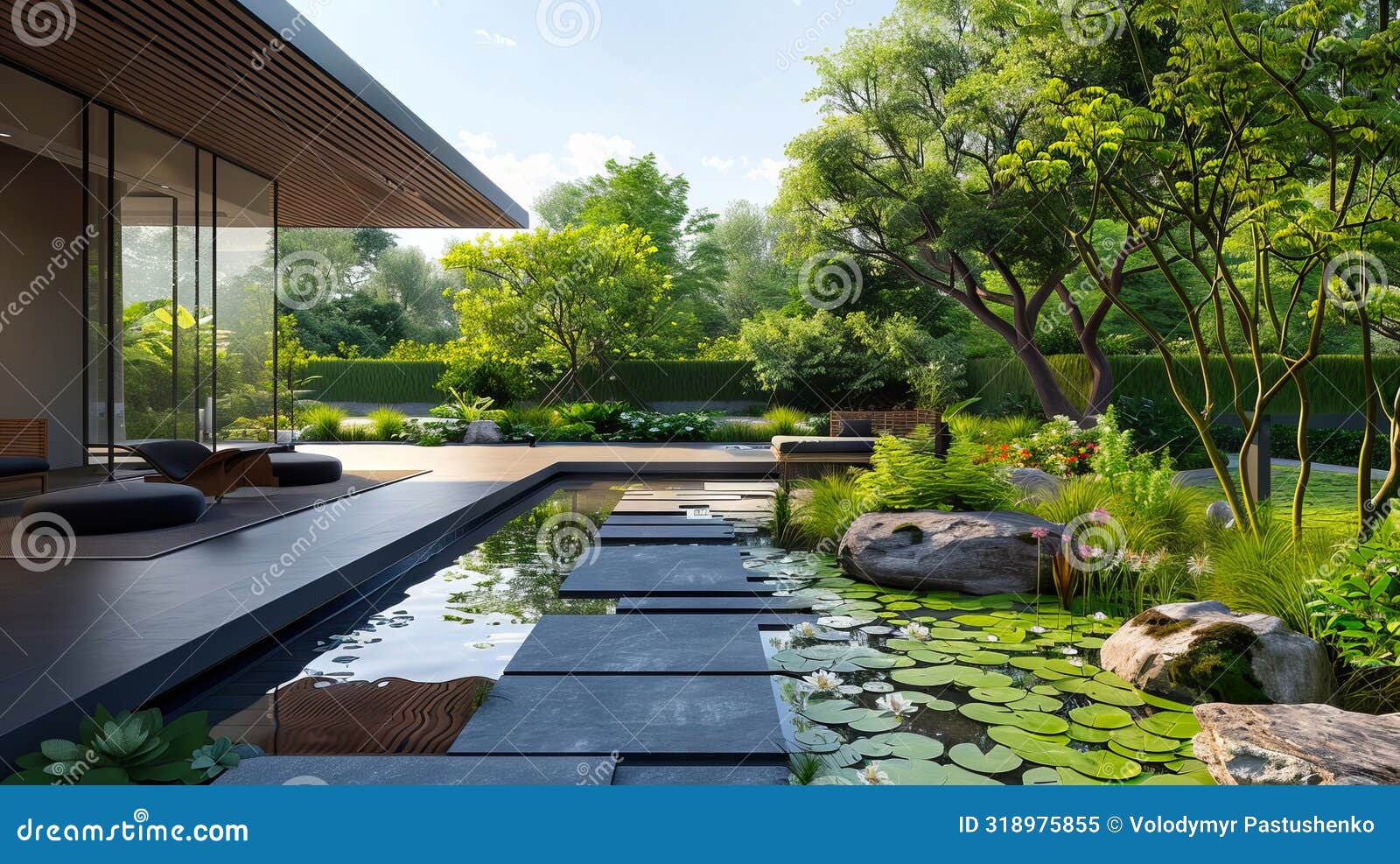 A Modern House with a Water Feature and Stone Walkway Stock Image ...