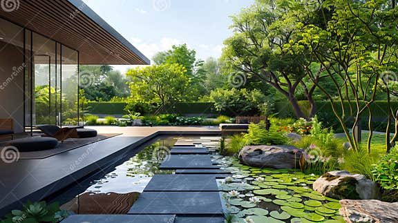 A Modern House with a Water Feature and Stone Walkway Stock Image ...