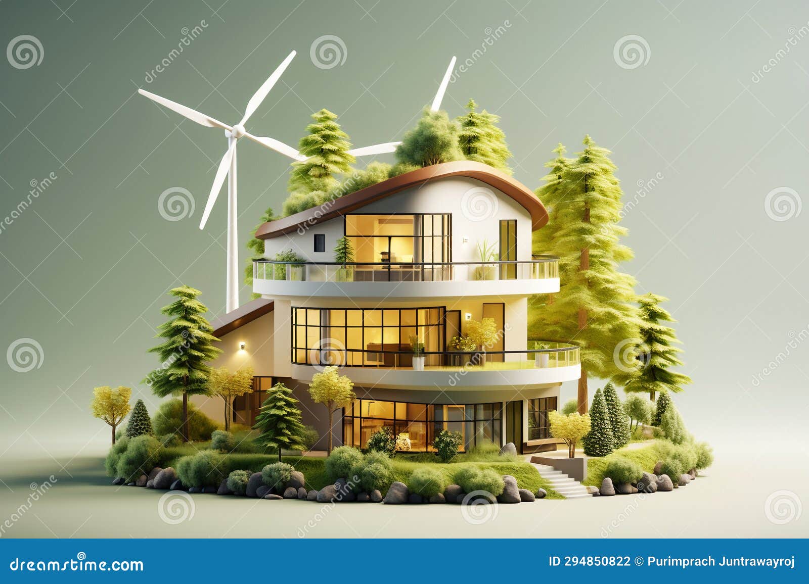 Modern House with Wind Turbines Eco 3D Rendering Generative Ai Stock ...