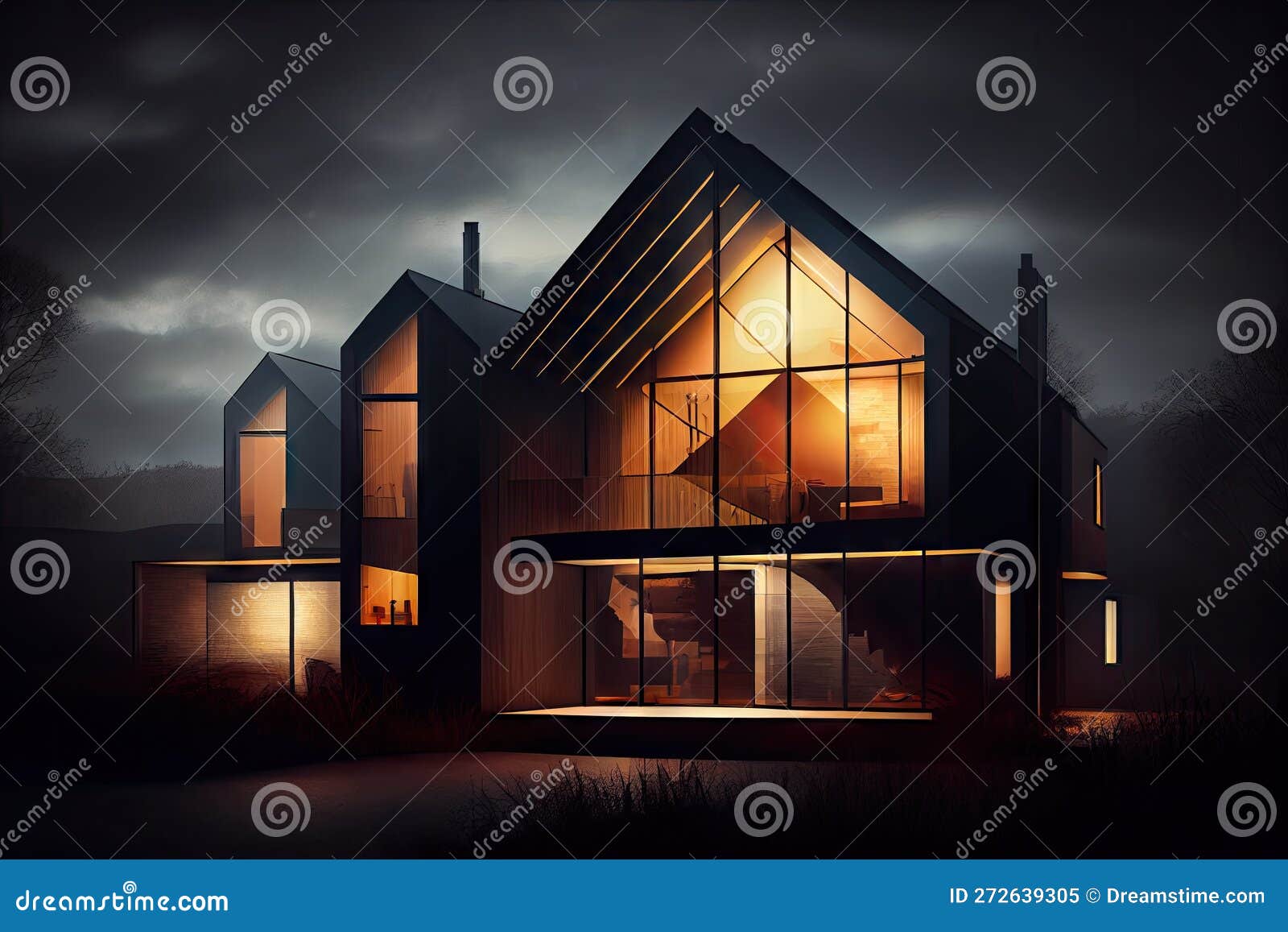 A Modern House, with Windows and Doors Illuminated by Warm Light ...