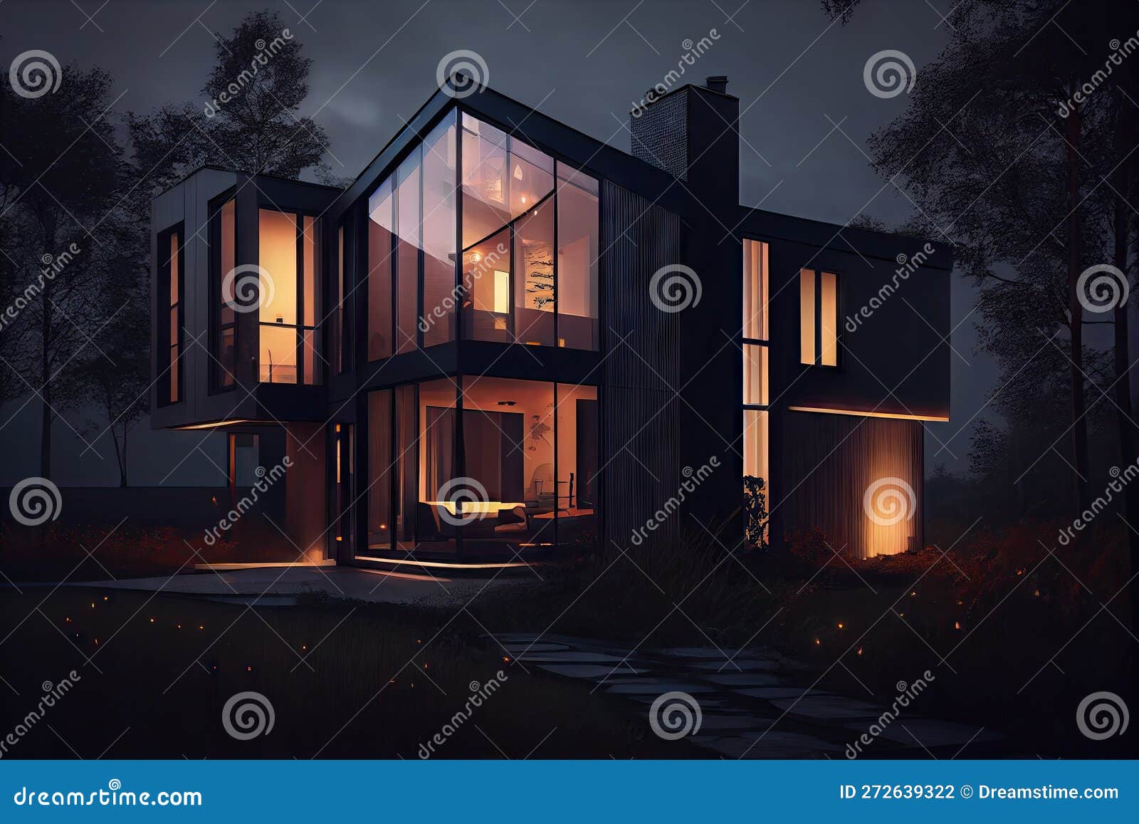 A Modern House, with Windows and Doors Illuminated by Warm Light ...