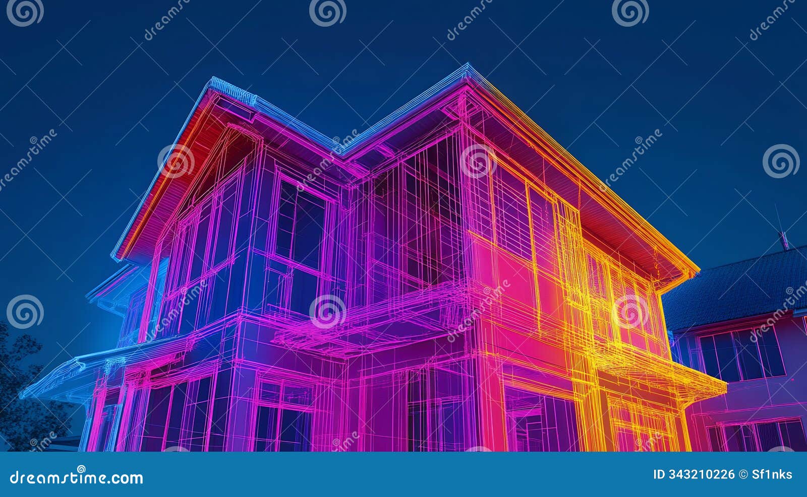 Modern House Wireframe Visualization in Vibrant Neon Colors Against ...