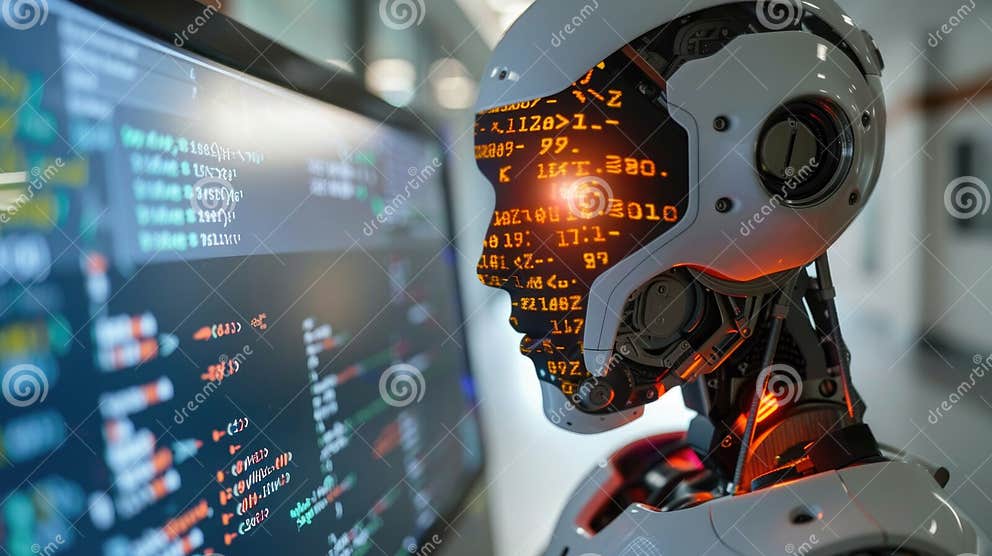 Modern Humanoid Robot Gazes at a Computer Screen. Glowing Digital Code ...