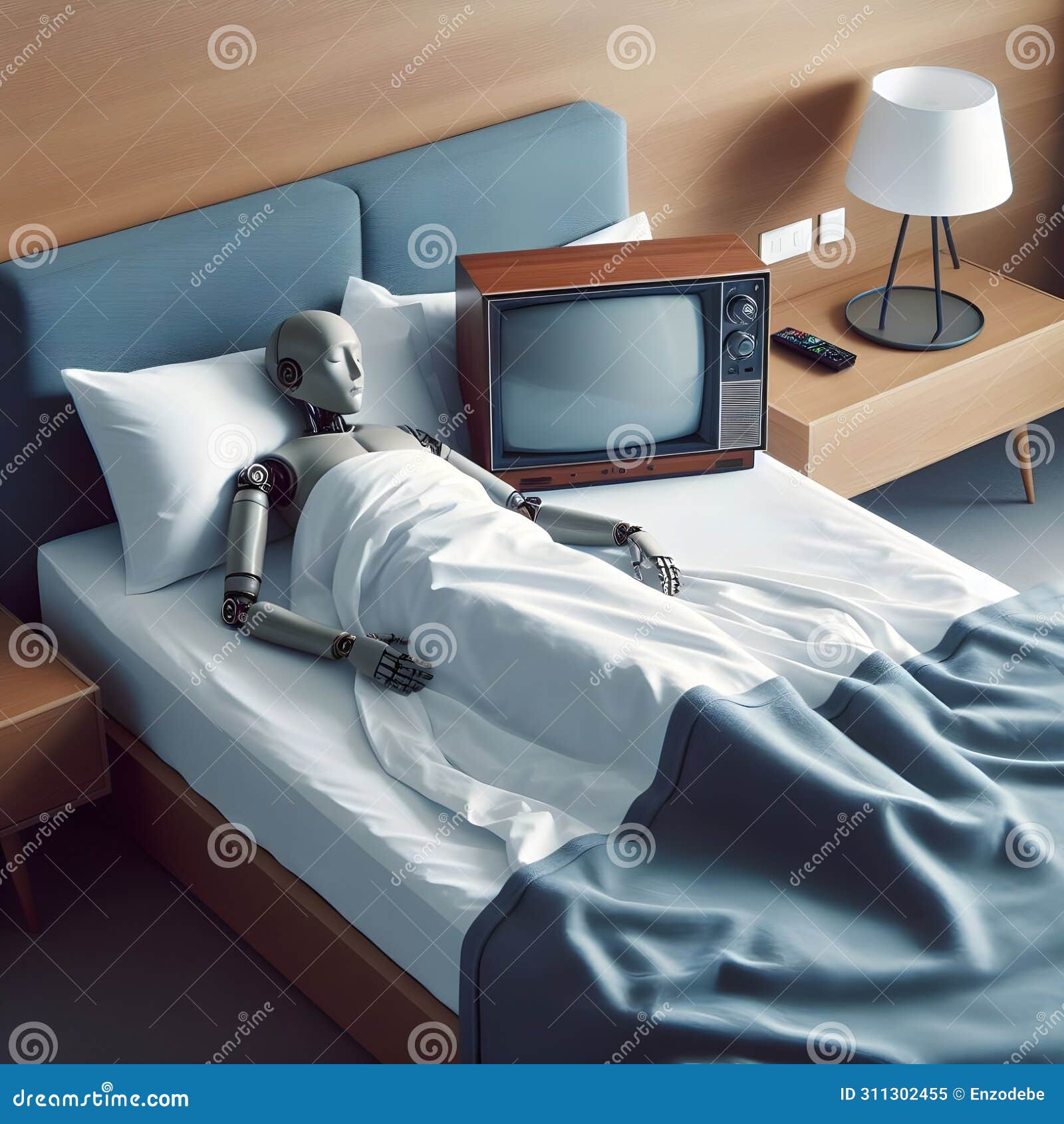 Modern Humanoid Robot Sleeping in a Hotel Room Stock Illustration ...