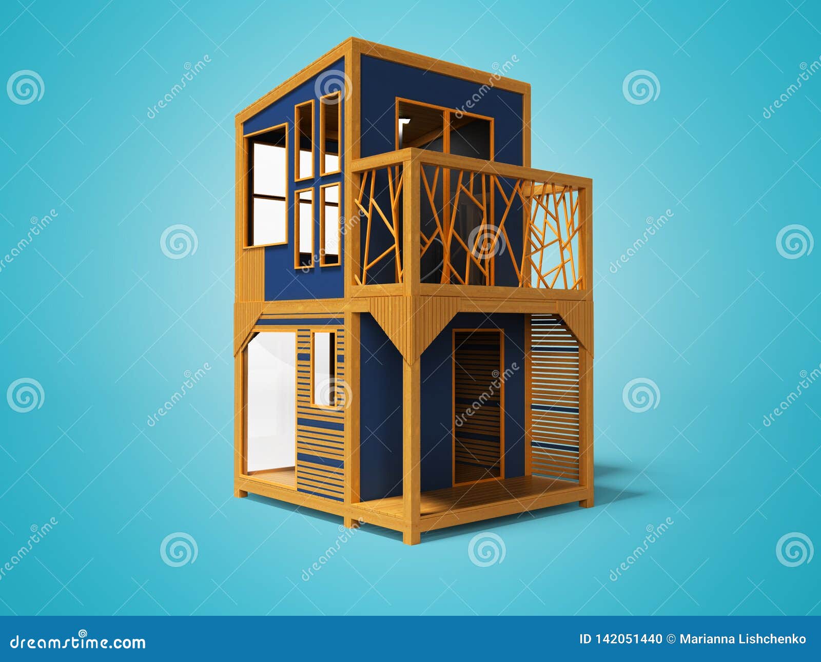 Modern Hut with Tree for Group of Children 3d Render on Blue Background ...