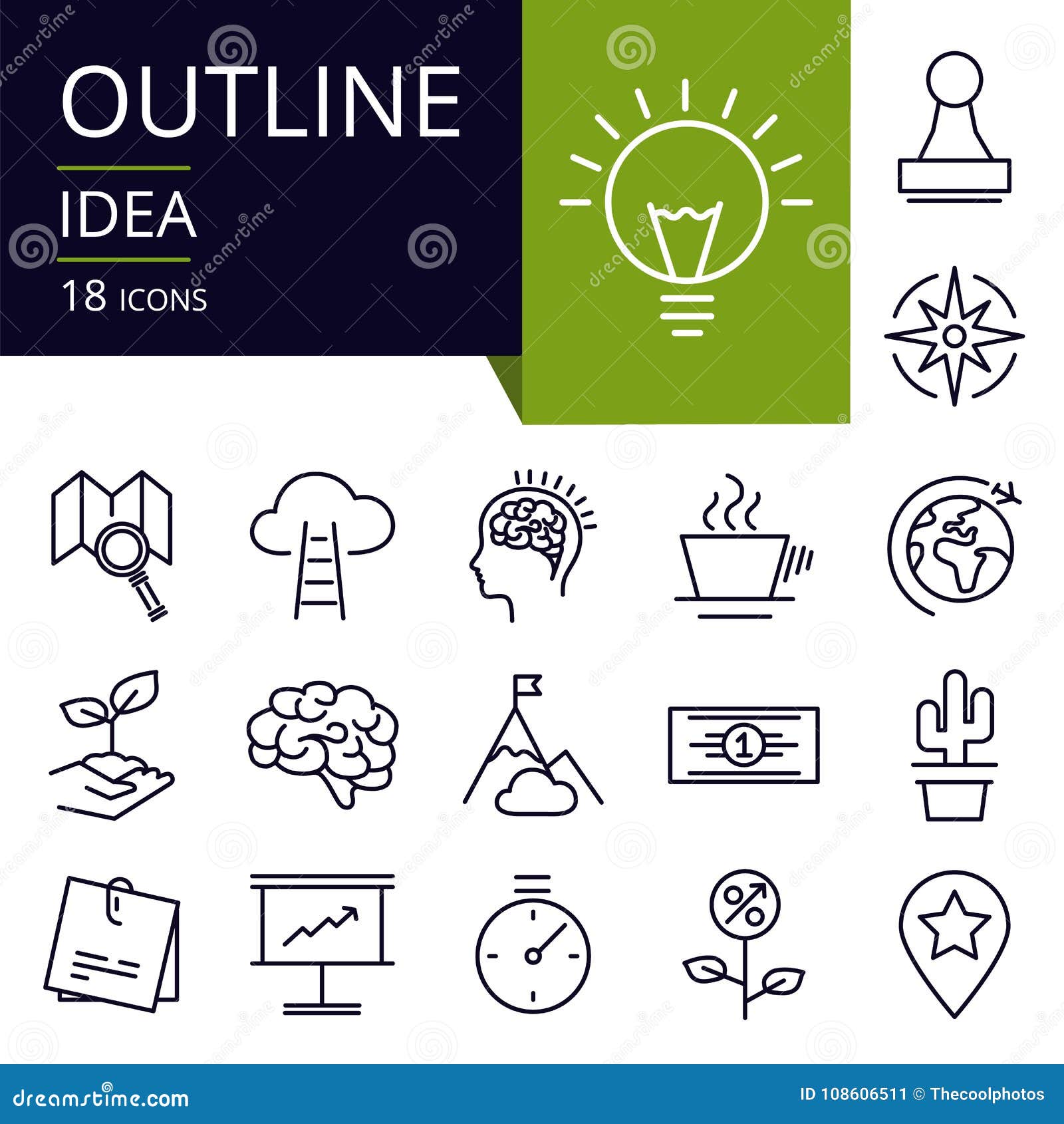 Set of Outline Icons of Idea. Stock Vector - Illustration of graphic ...