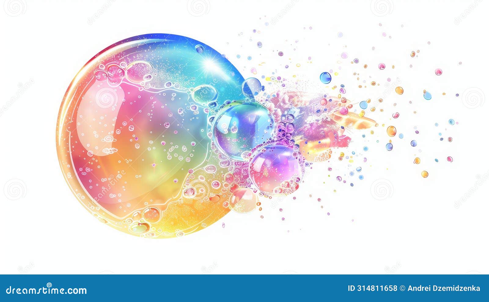 Modern Illustration of Bursting Soap Bubbles in Rainbow Colors with ...