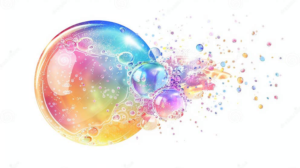 Modern Illustration of Bursting Soap Bubbles in Rainbow Colors with ...