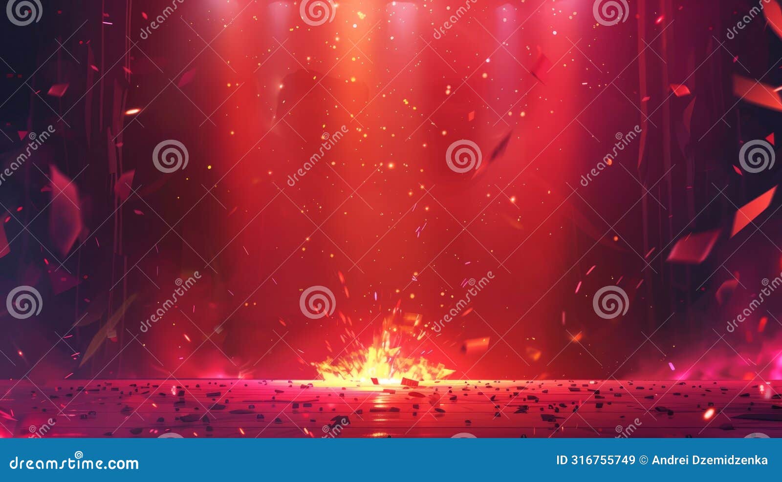 Modern Illustration of Empty Stage with Red Spotlight, Falling Fire ...