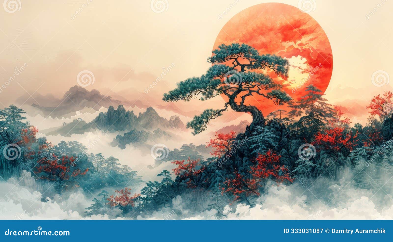 This is a Modern Illustration of a Japanese Style Card with a Nature ...