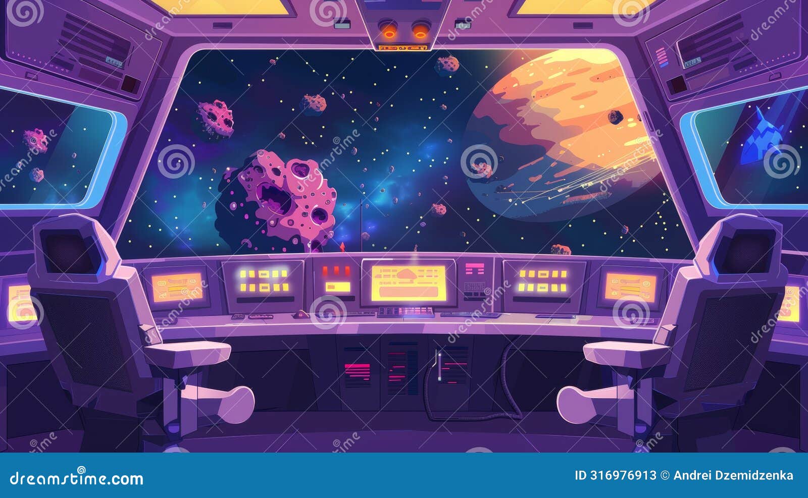 Modern Illustration of a Spaceship Cockpit Room Interior with a View of ...