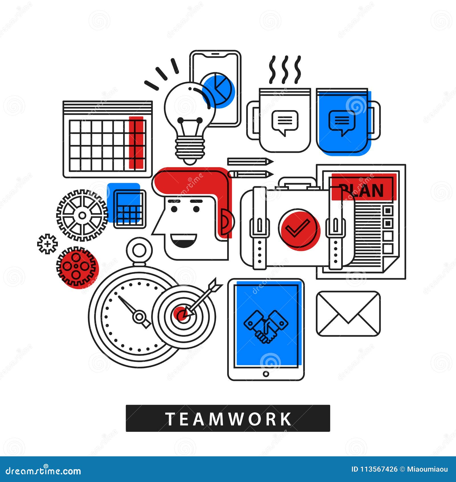 Modern Illustration about Teamwork in Outline Flat Style. Office Tools ...