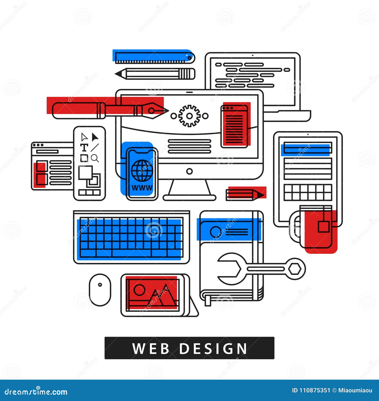Modern Illustration about Web Design in Outline Flat Style. Drawing ...