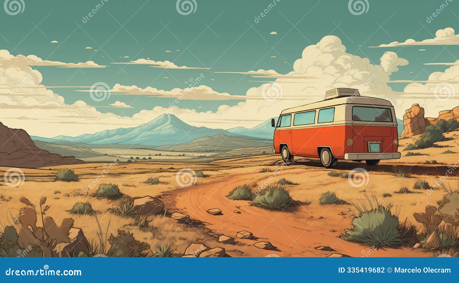 Modern Illustrative Drawing of a Valley with Mountains in the ...