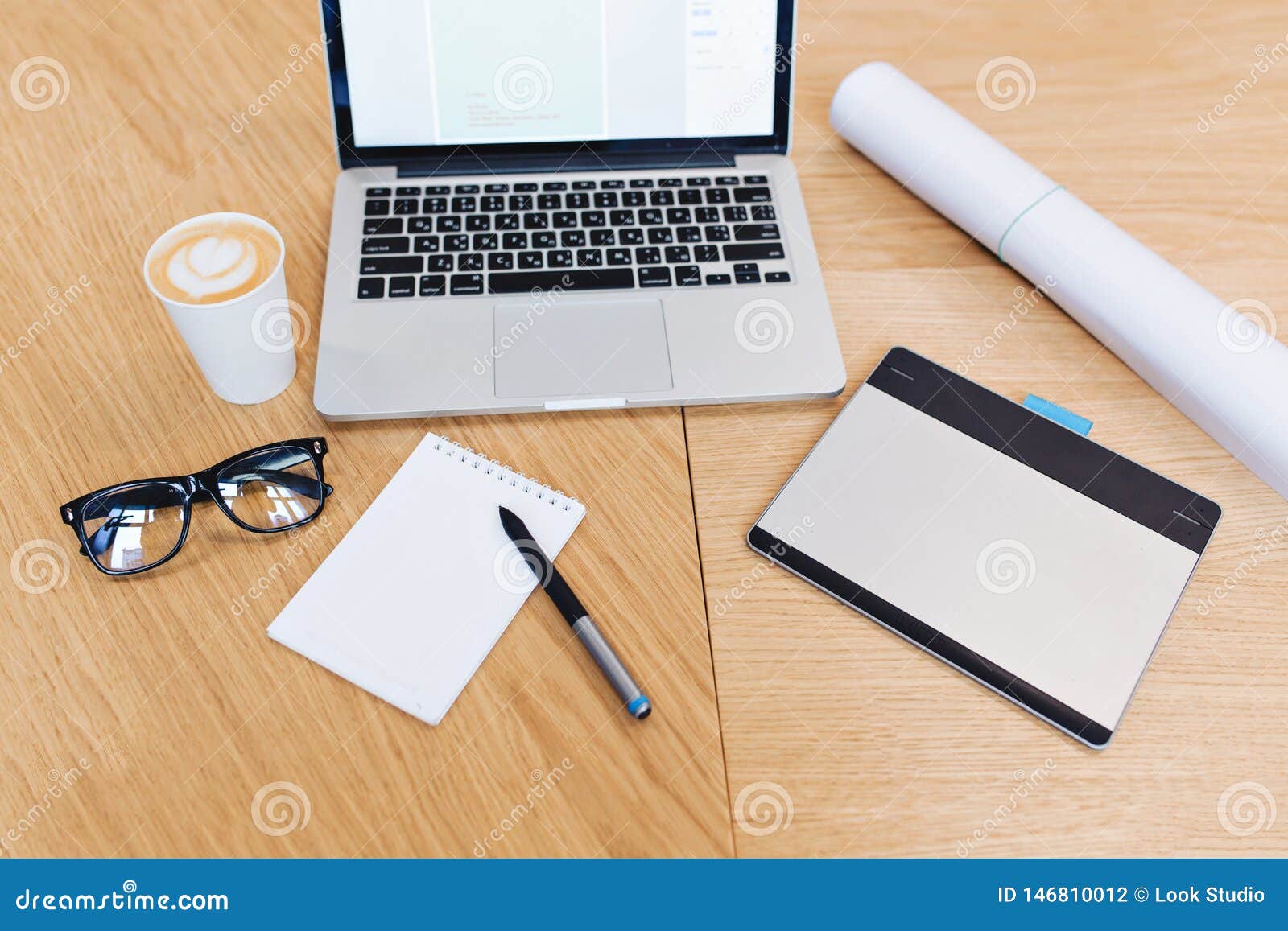 Modern Image of Work Stuff on Table from Above View. Laptop, Black ...