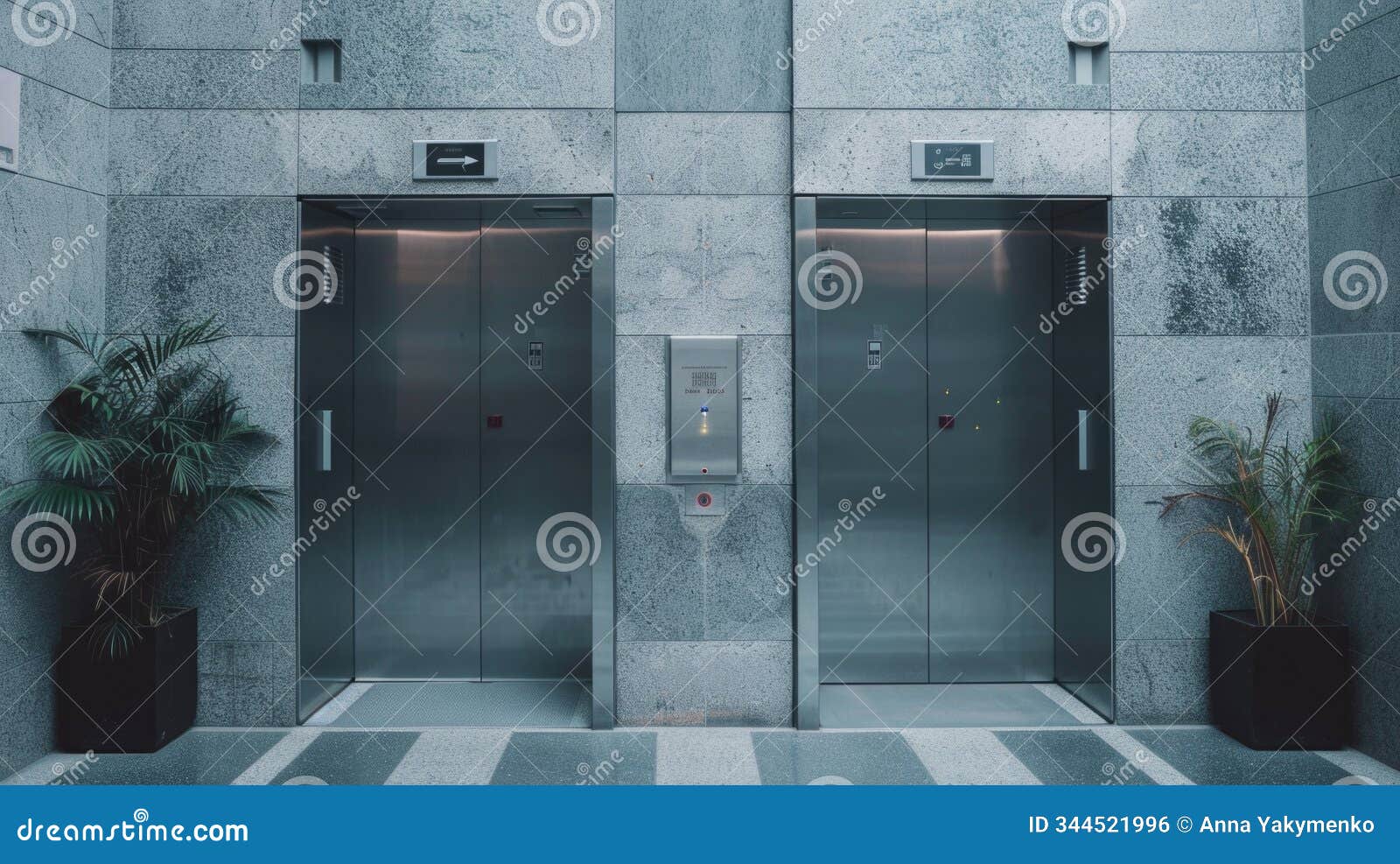 Modern Indoor Elevator Doors in a Sleek Building Interior with Plants ...