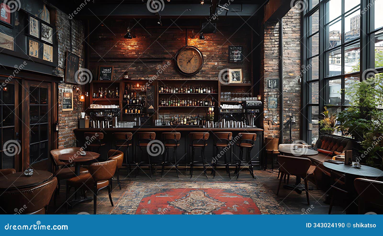 A Modern Industrial-style Bar with a Brick Wall, Large Windows, and a ...