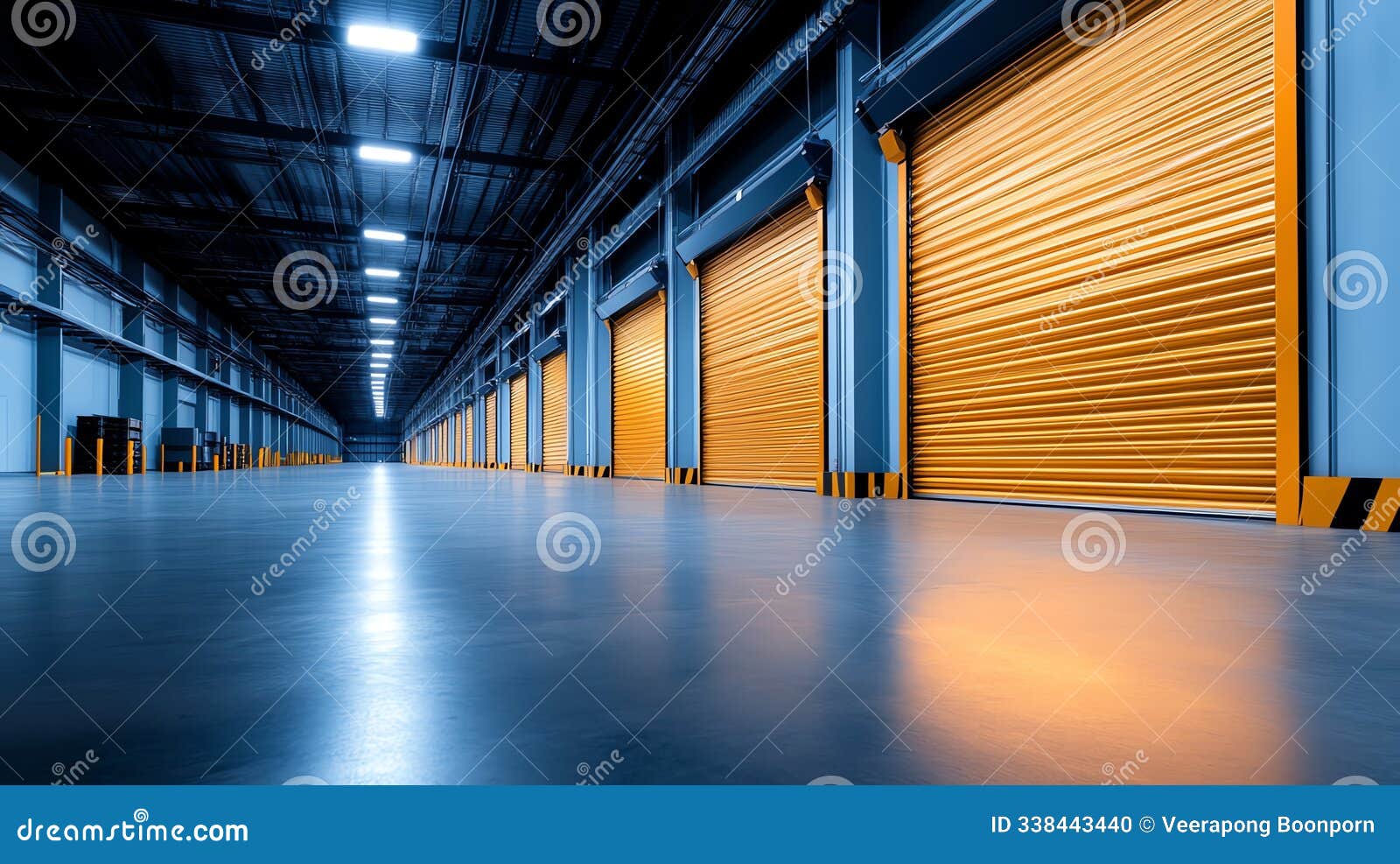 Modern Industrial Warehouse Interior with Orange Roll-up Doors and ...