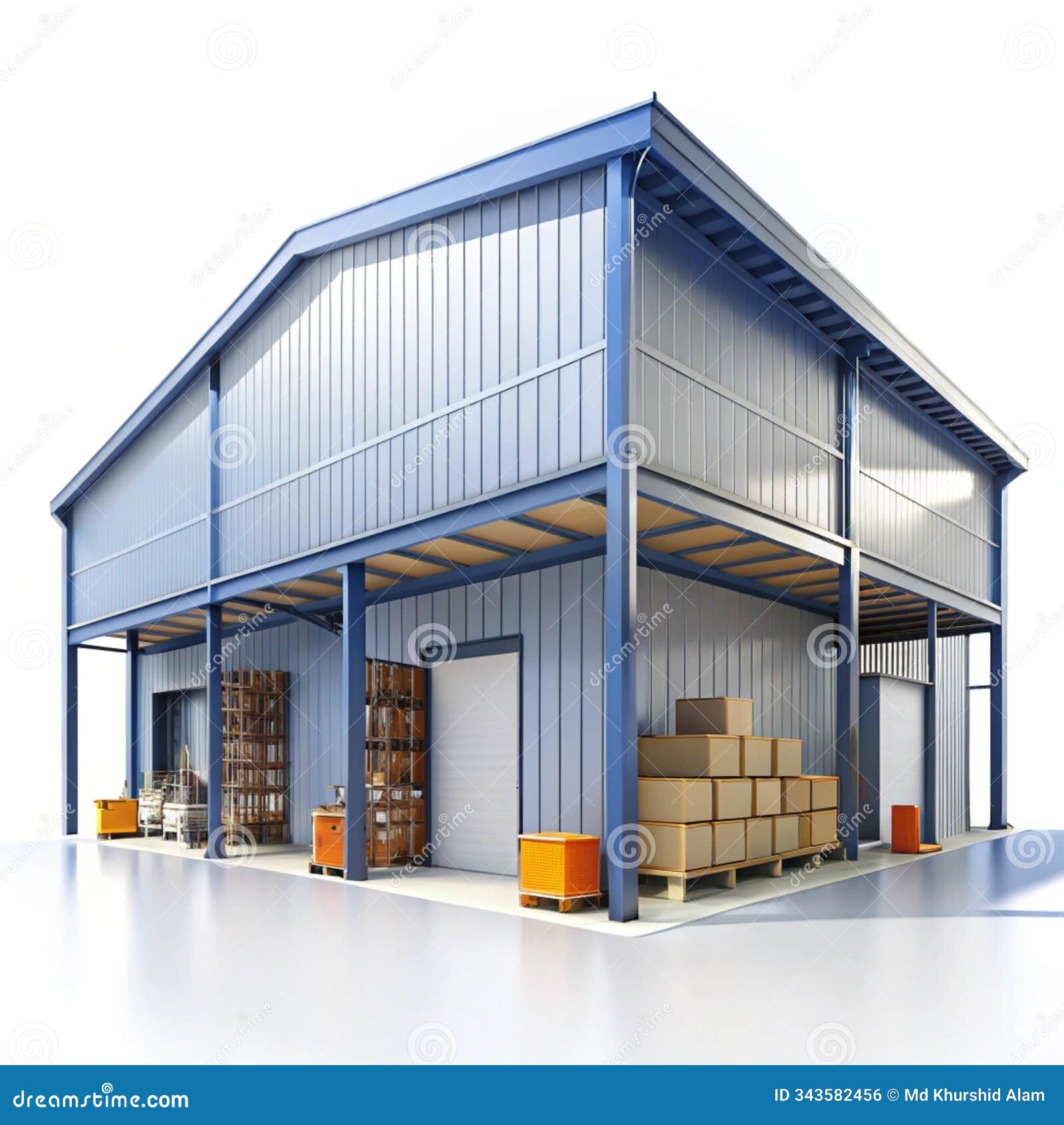Modern Industrial Warehouse with Multi-Level Storage Racks, Featuring ...