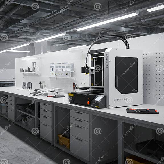 A Modern Industrial Workspace Featuring a 3D Printer on a Long White ...