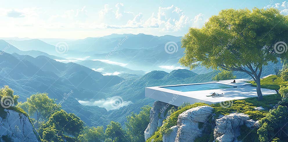A Modern Infinity Pool Overlooking a Valley with Misty Mountains in the ...