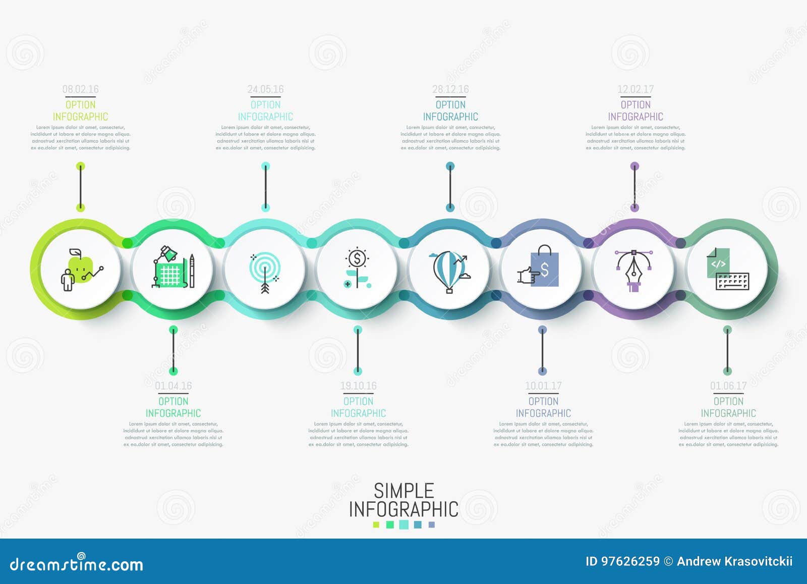 Modern Infographic Design Template. Colorful Horizontal Timeline with 8 ...