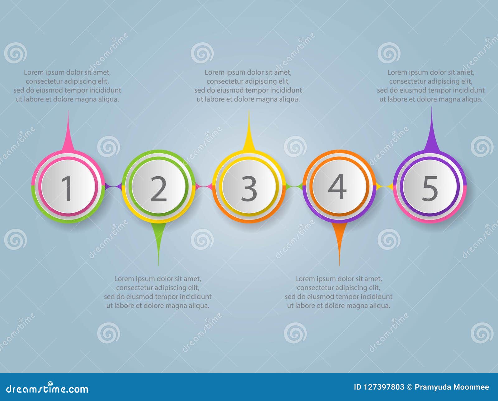 Modern Infographic Design Template 5 Connected Multicolored Circular ...