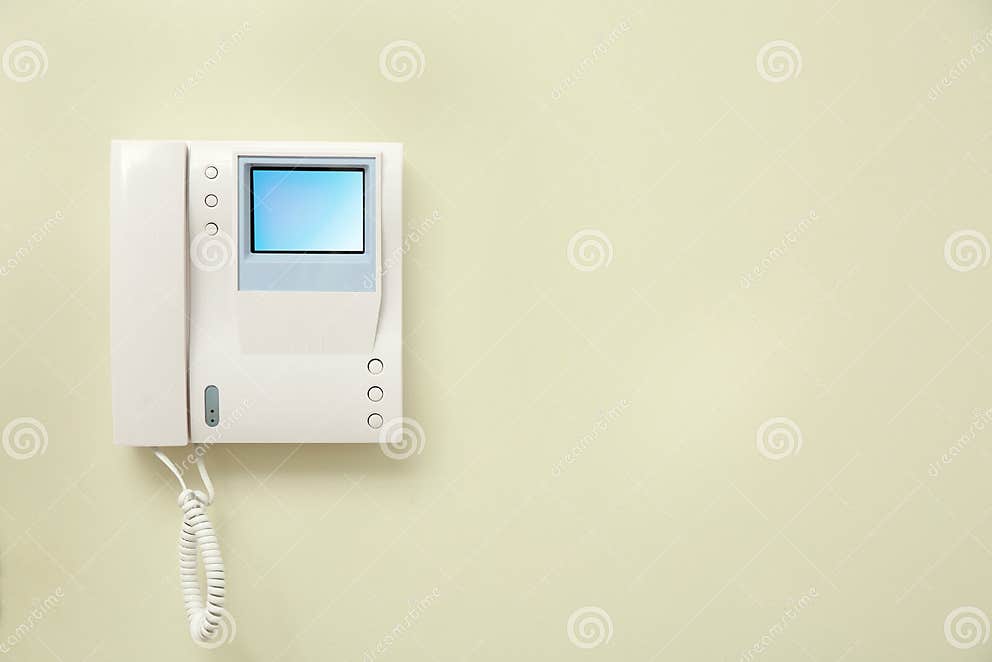 Modern Intercom System with Handset on Light Wall, Space for Text Stock ...