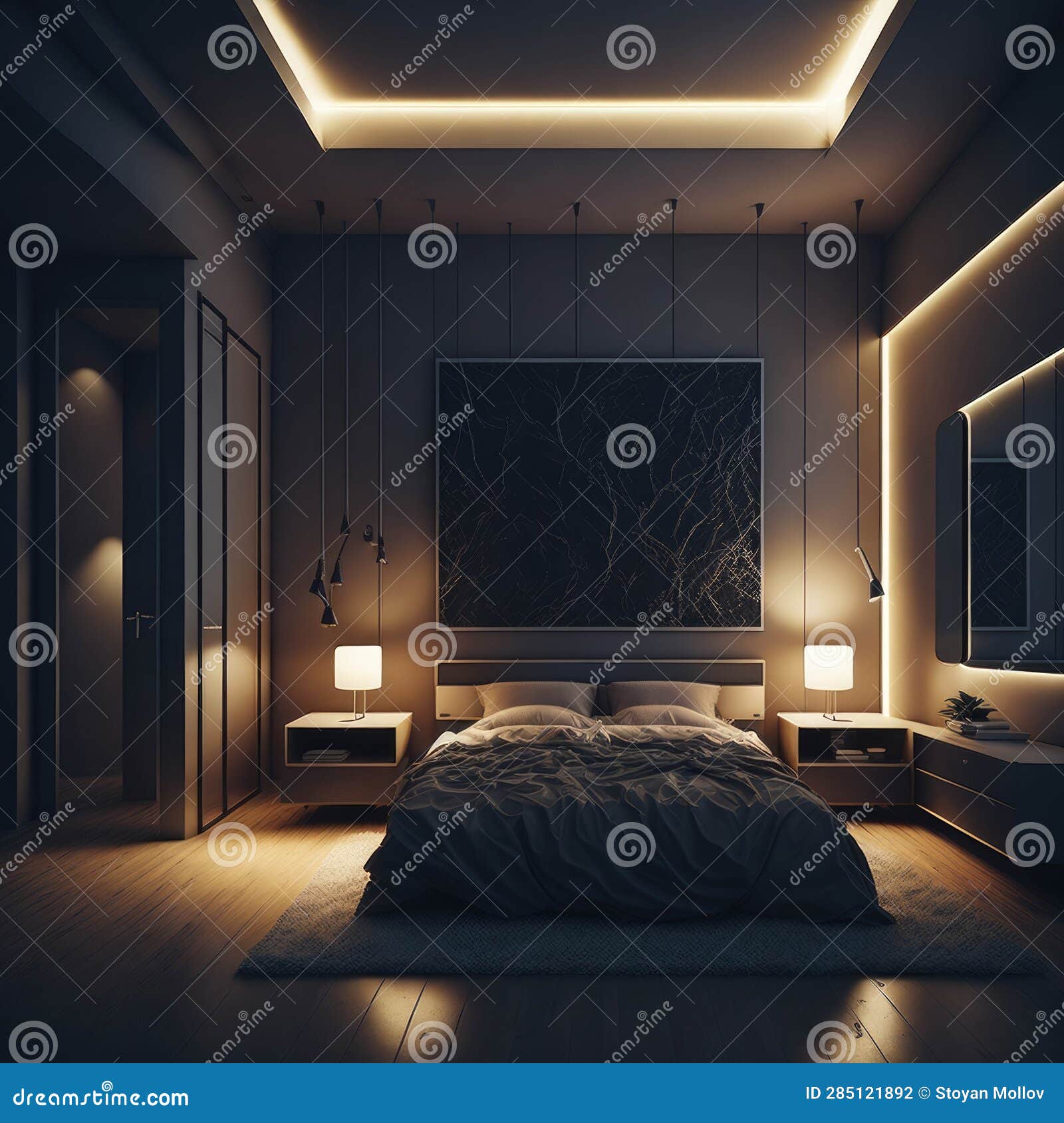 Modern Interior of Bedroom Design with Led Strips Warm Lighting on ...