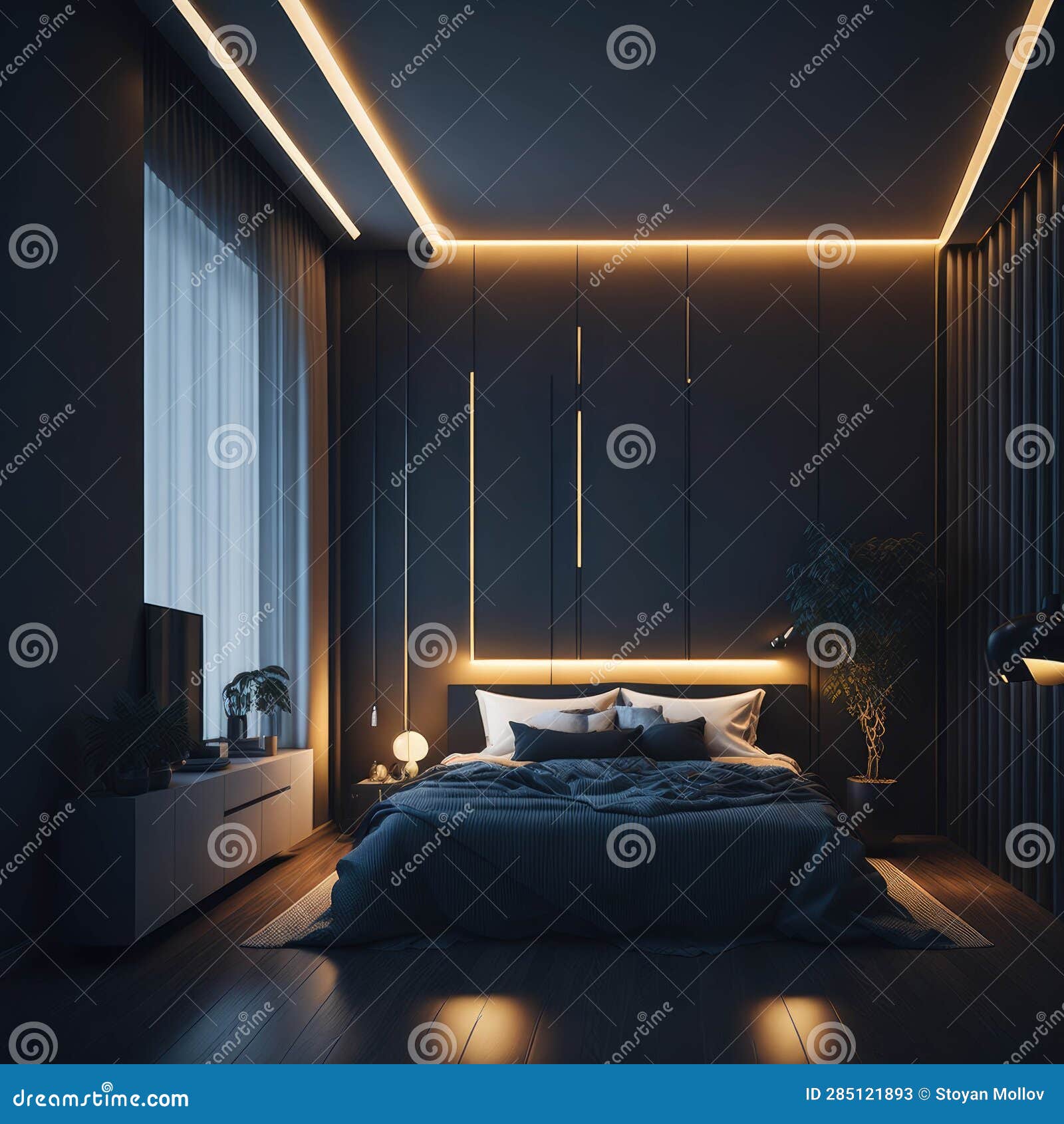 Modern Interior of Bedroom Design with Led Strips Warm Lighting on ...