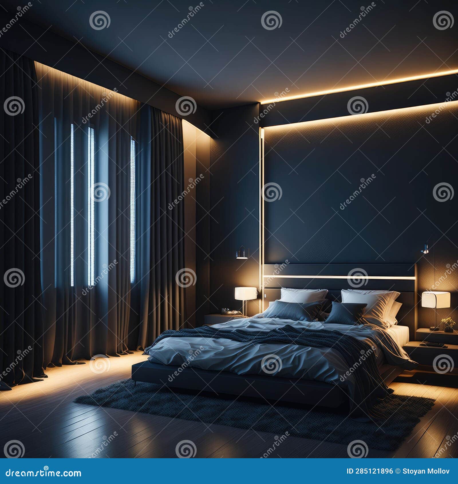 Modern Interior of Bedroom Design with Led Strips Warm Lighting on ...