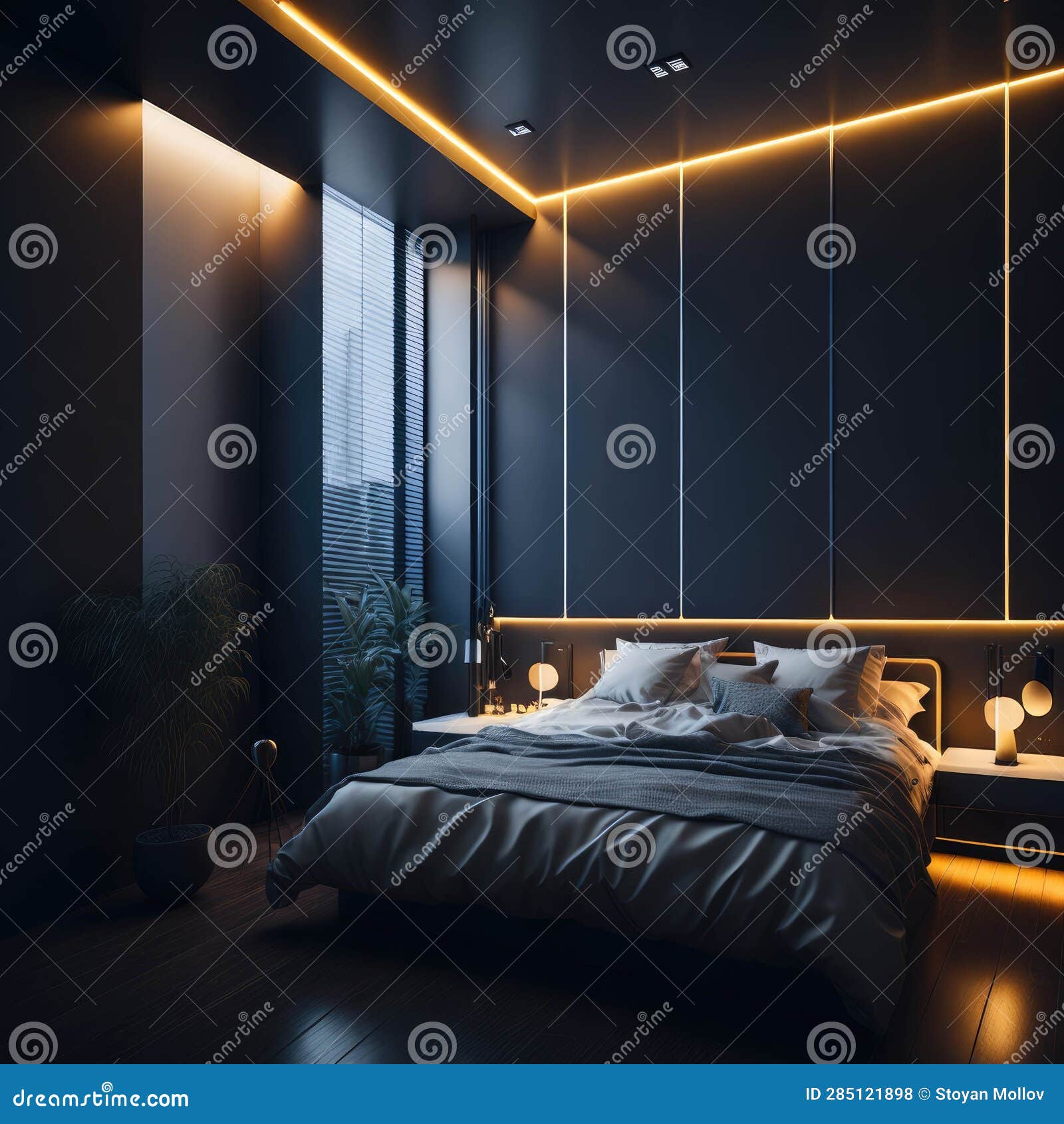 Modern Interior of Bedroom Design with Led Strips Warm Lighting on ...