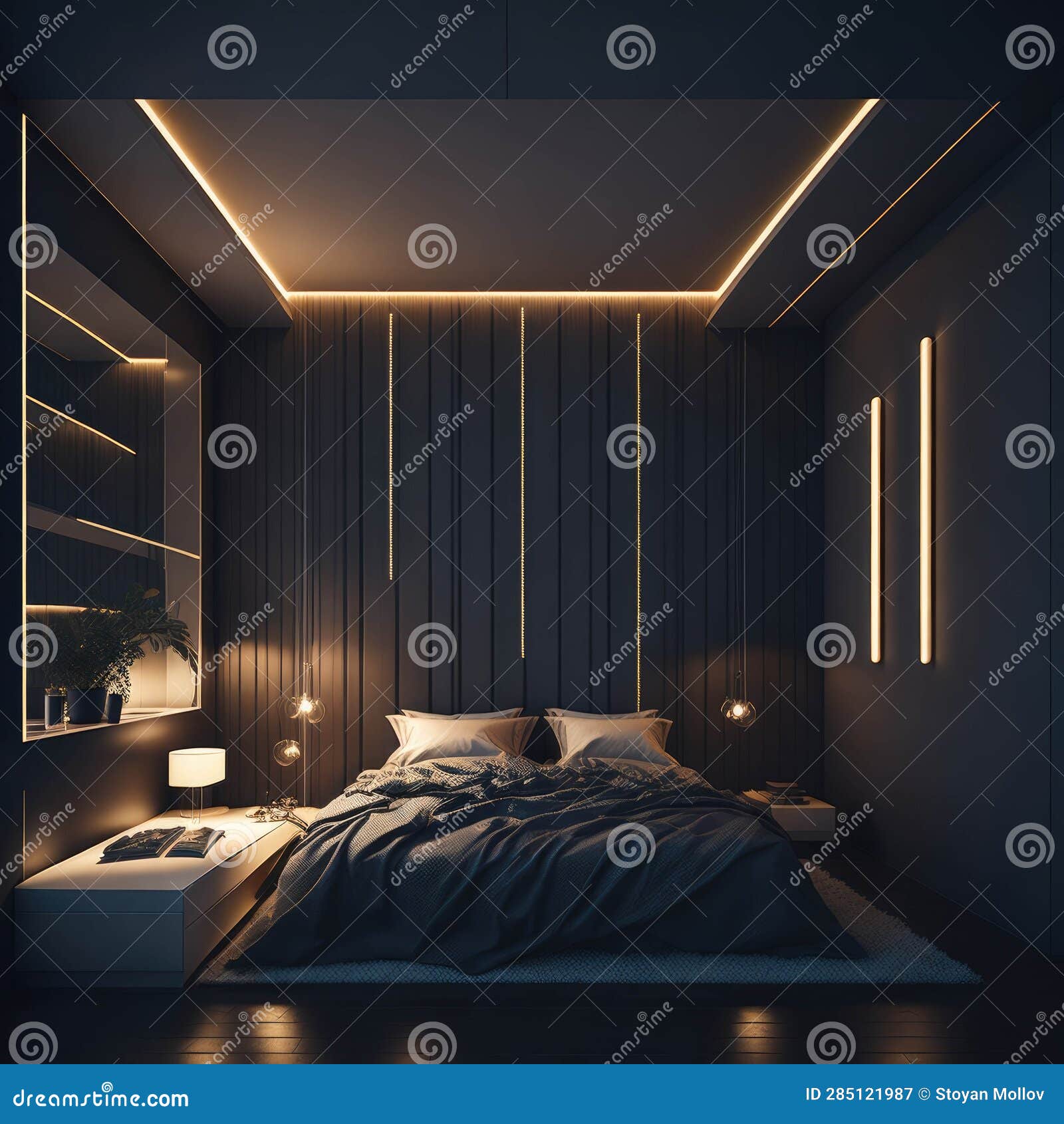 Modern Interior of Bedroom Design with Led Strips Warm Lighting on ...