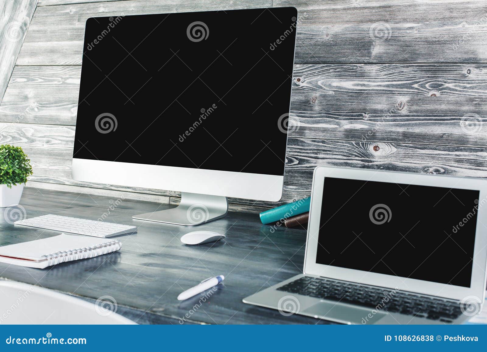 Modern Interior with Blank Computer Stock Photo - Image of chair, brick ...