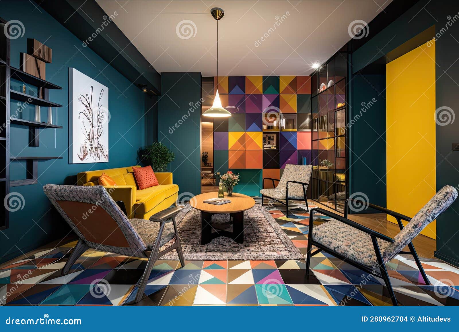 Modern Interior with Bold and Vibrant Color Scheme, Featuring Geometric ...