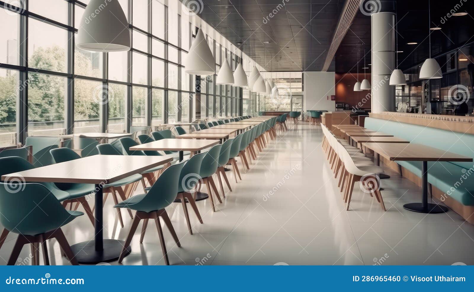 Modern Interior of Cafeteria or Canteen with Many Chairs and Tables ...