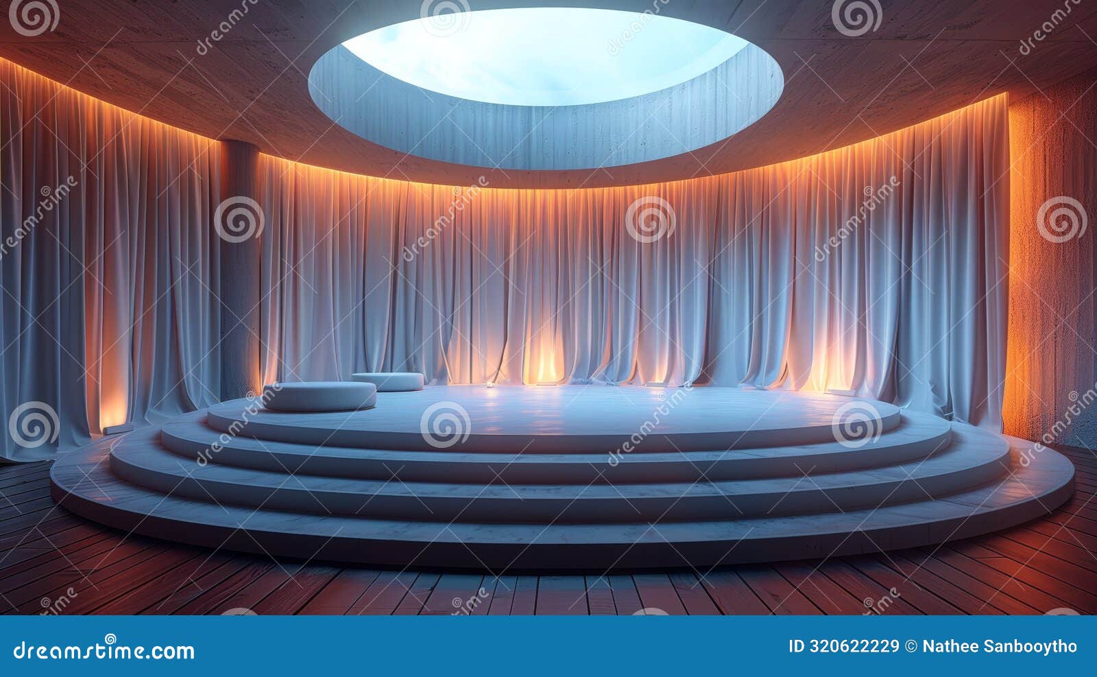 Modern Interior with Circular Stage, Ambient Lighting, and Curtains ...