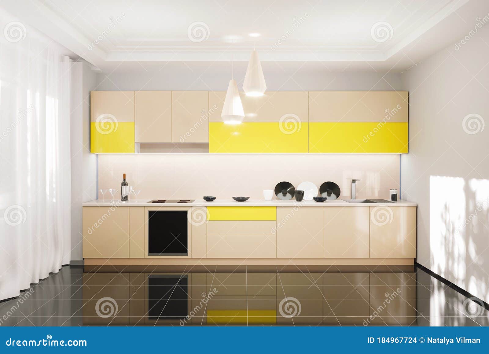 Modern Interior of a Colorful Kitchen. 3d Render Stock Illustration ...