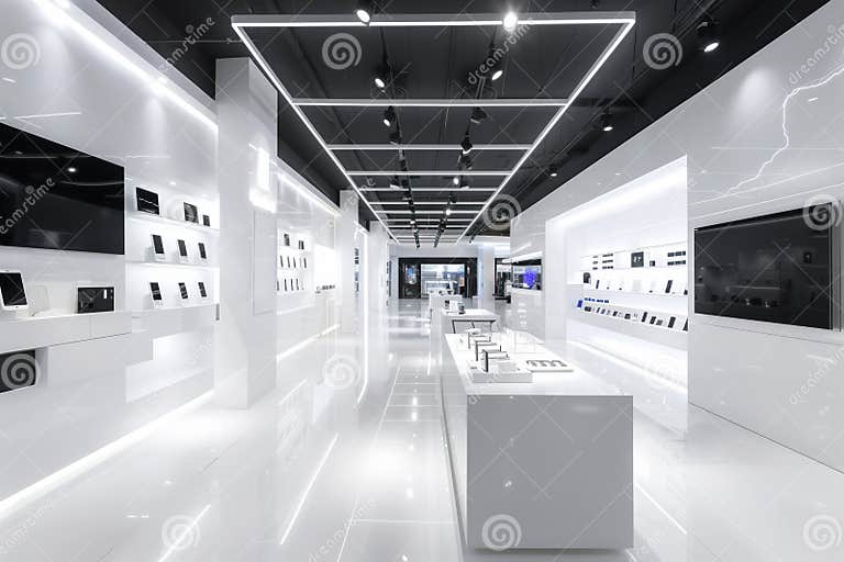 Modern Interior of Consumer Electronics Store with White Design ...