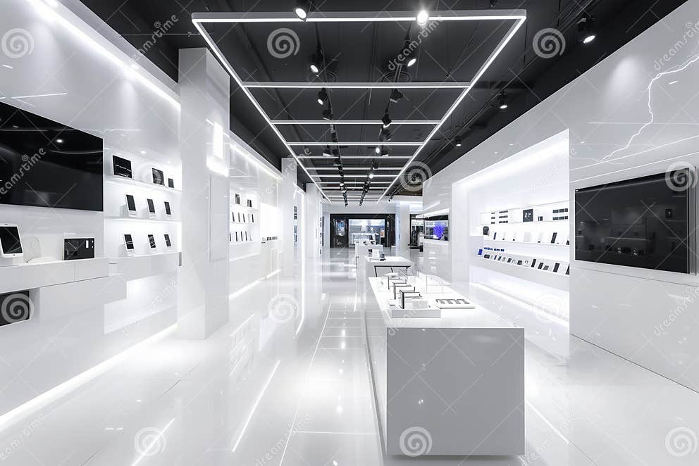 Modern Interior of Consumer Electronics Store with White Design ...