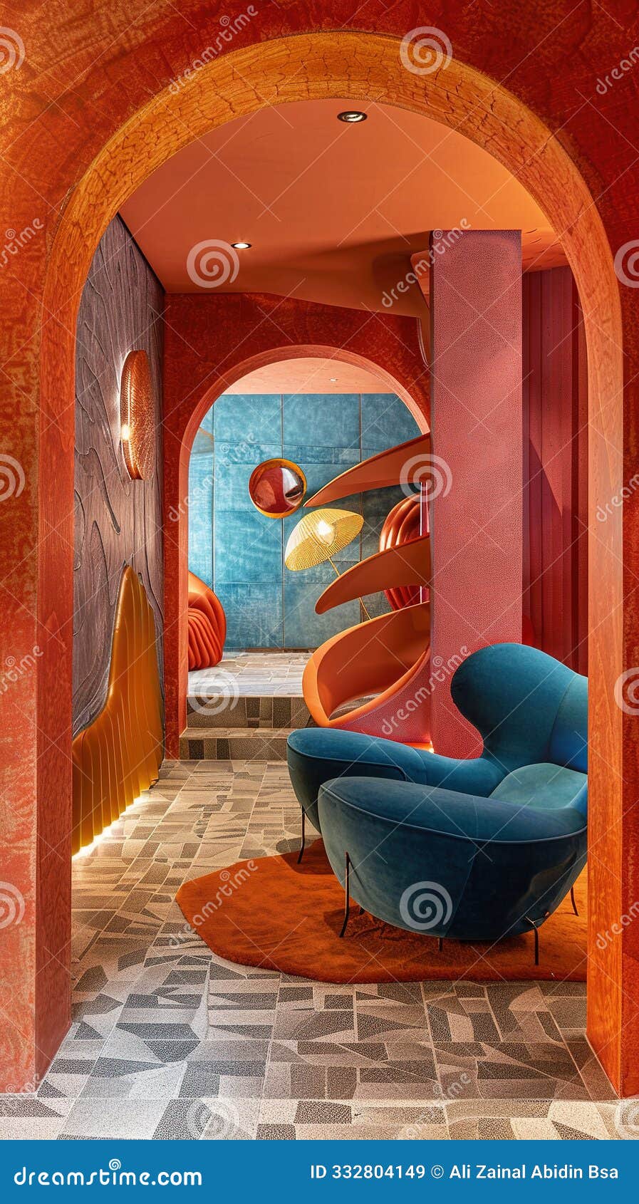 Modern Interior Design with Arched Passageways and Unique Seating Stock ...