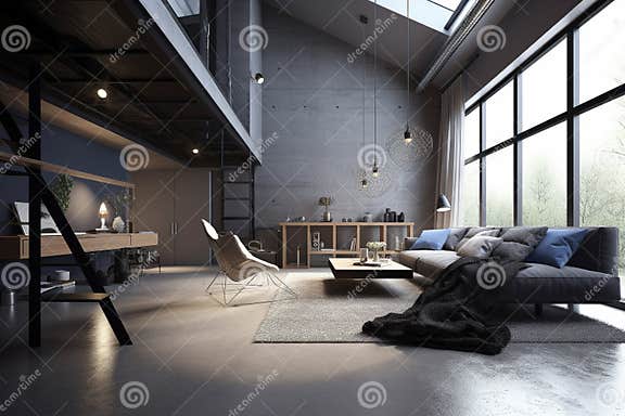 Modern Interior Design, a Big Loft Space. Generative AI Stock ...