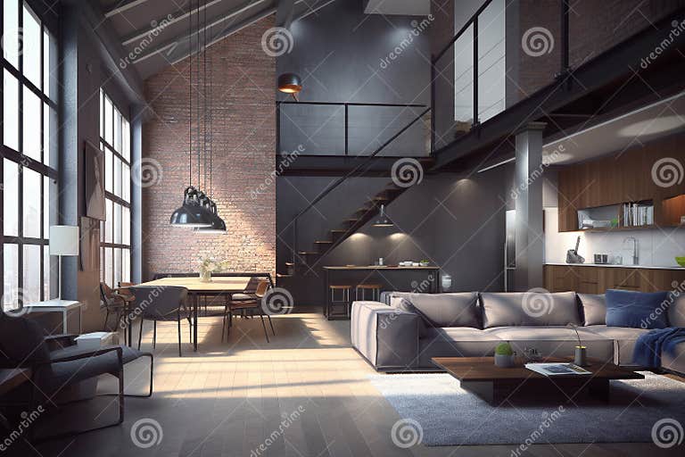 Modern Interior Design, a Big Loft Space. Generative AI Stock ...