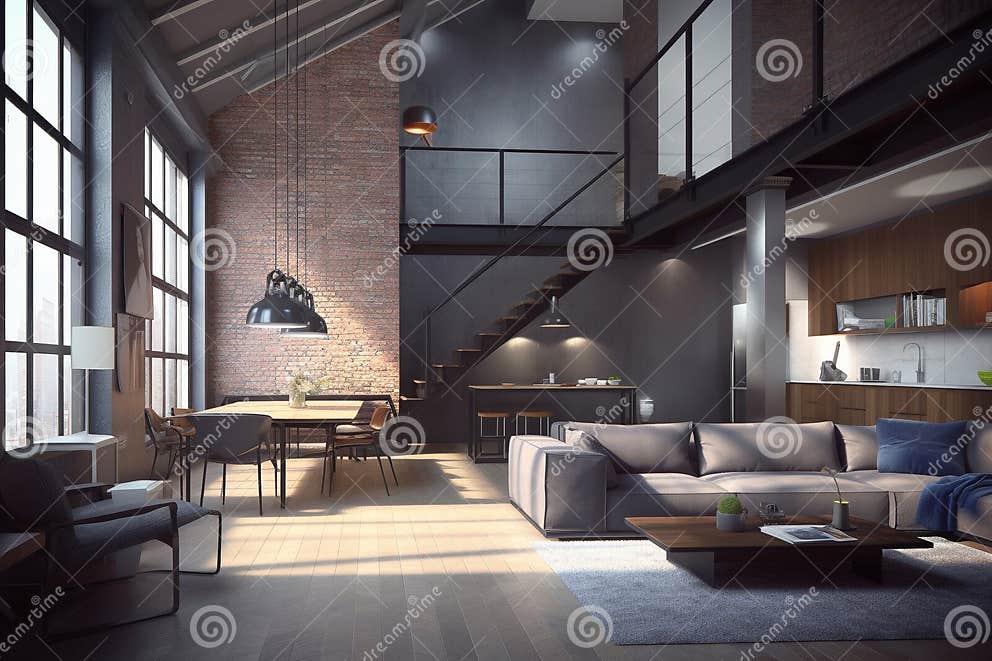 Modern Interior Design, a Big Loft Space. Generative AI Stock ...