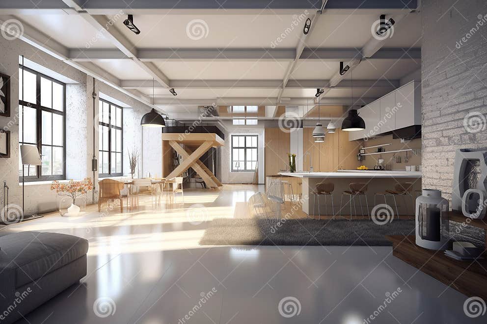 Modern Interior Design, a Big Loft Space. Generative AI Stock ...