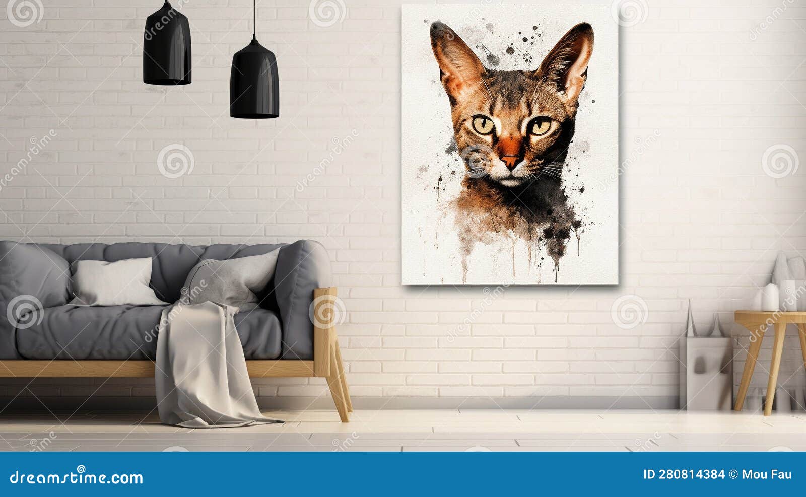 Modern Interior Design with Cat Picture on Wall, 3d Render Illustration ...