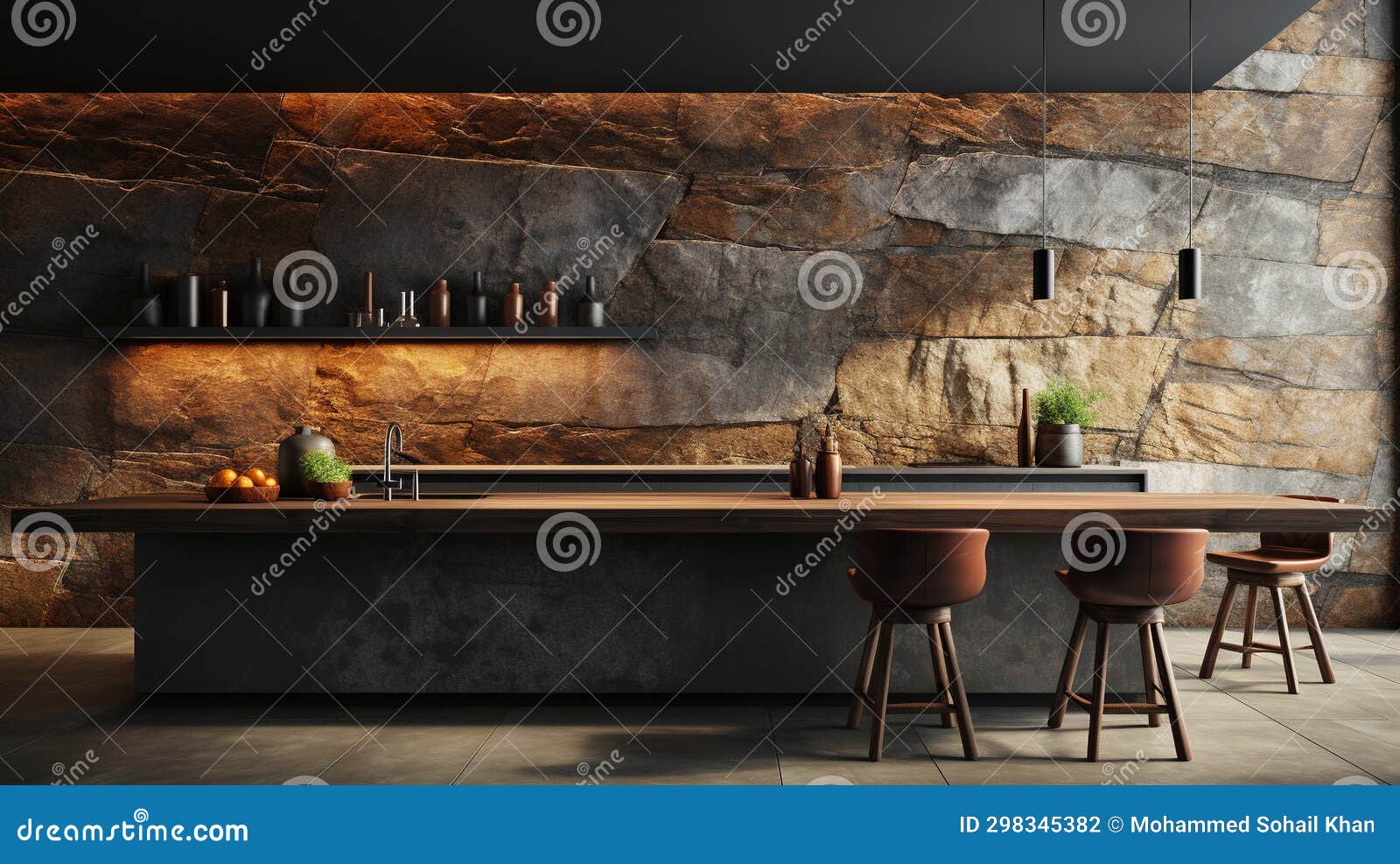 Modern Interior Design Kitchen Dark Tone Stone Slab Wall with Bright ...