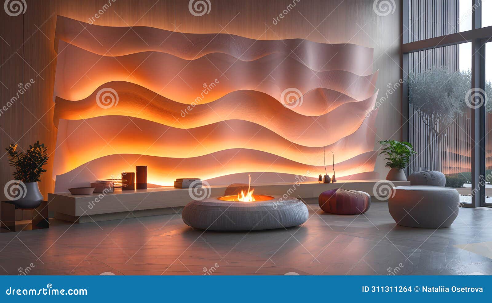 Modern Interior Design of Living Room with Burning Fireplace. Soothing ...