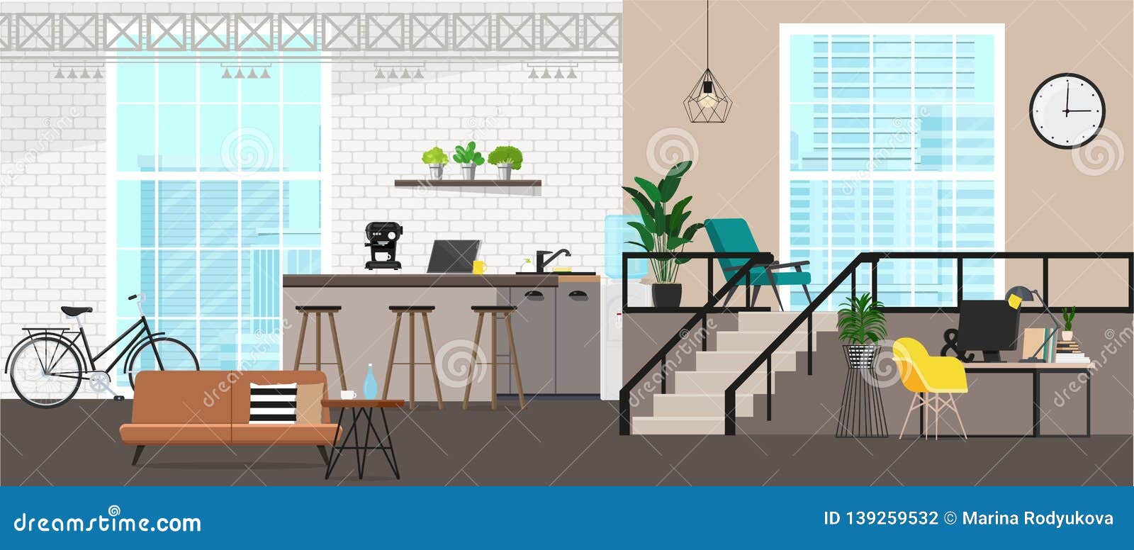 Modern Interior Design Office. Workspace with Large Windows with an ...